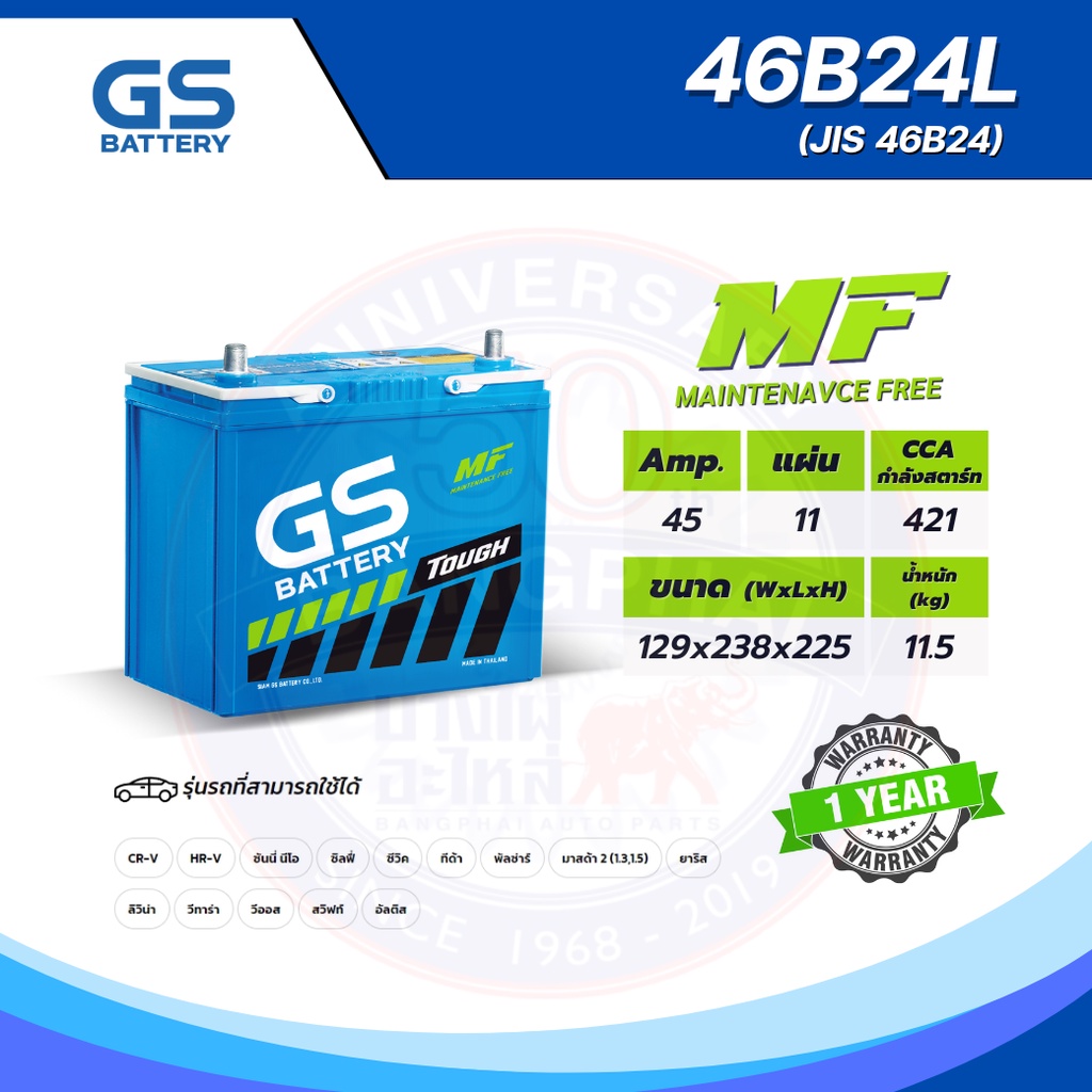 [สินค้าขายดี] 46B24L แบตเตอรี่รถยนต์ GS BATTERY 45 amp. (JIS 46B24 ...