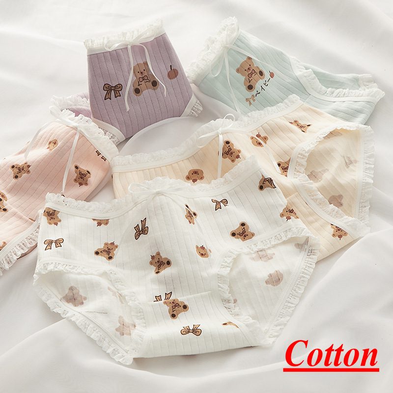 Xl,l,m---35kg-68kg ผ้าฝ้ายแท้ 0739-WY031 กางเกงชั้นในสตรีเอวกลางหมีน่ารัก Girl น่ารักกางเกงในเอว ...