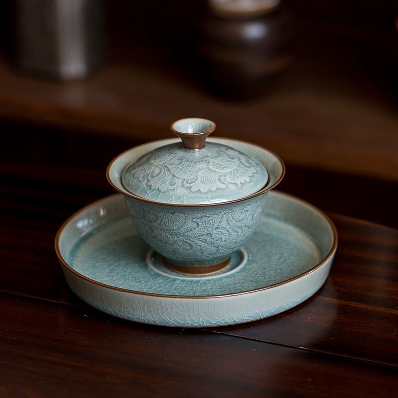 Green glaze relief ice cracked Gaiwan tea set ceramic brewing tea kung ...