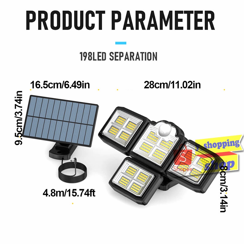 122 LED+Remote Control solar light 270° เหมาะสำหรับ ติดหน้าบ้าน ลานจอดรถ | Shopee Thailand