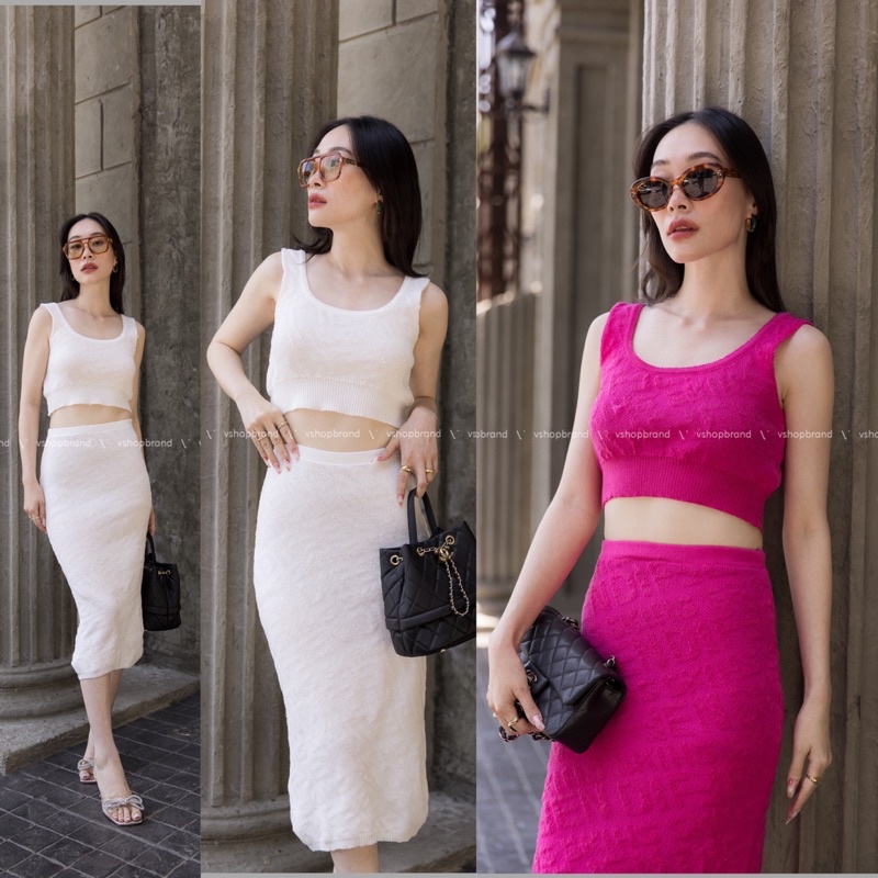 Code : M444 Set ครอปกล้าม+กระโปรงไหมพรม ชุดเซทสีขาว งานป้าย Vshop | Shopee Thailand