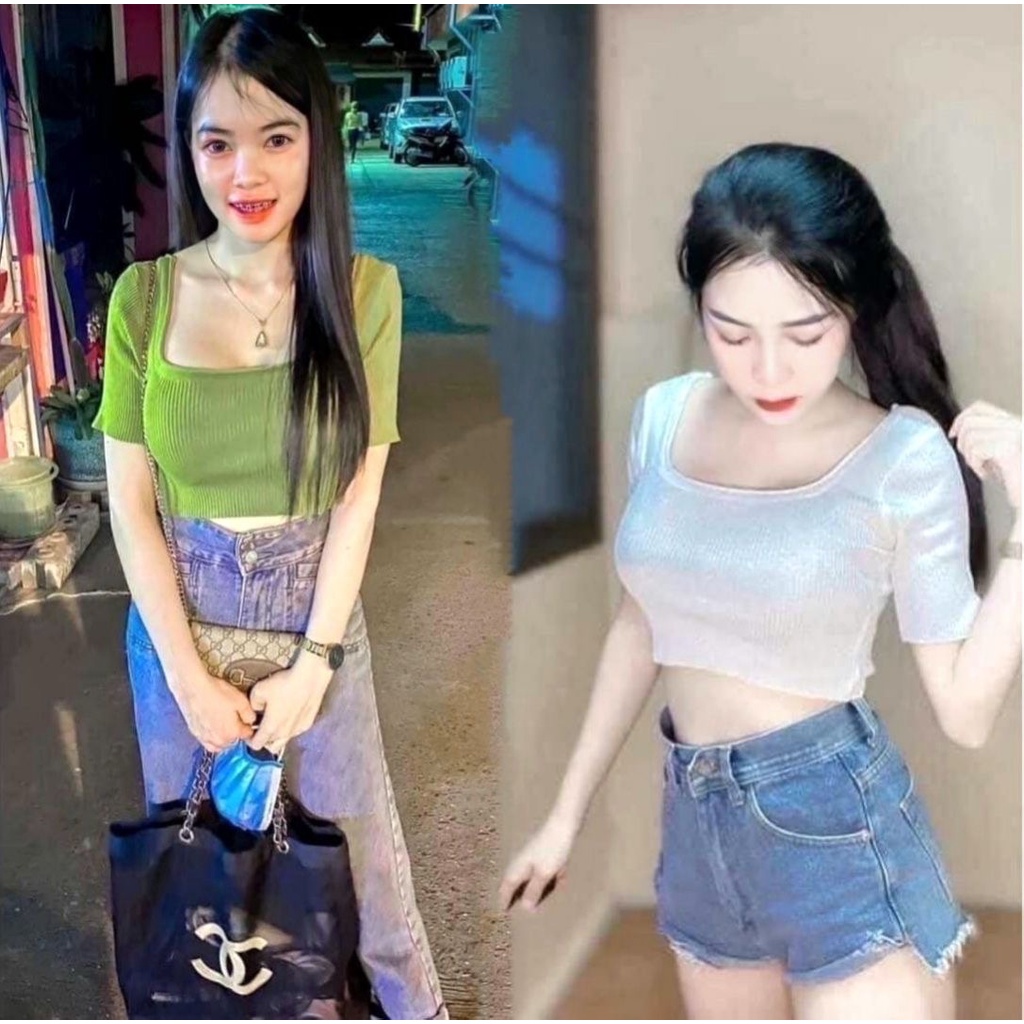 🌈MesubShop🌈เสื้อคอเหลี่ยม Crop top💜ผ้าไหมพรม🧡งานตามหา♥️💚เครื่องบิน B-019-2-A | Shopee Thailand