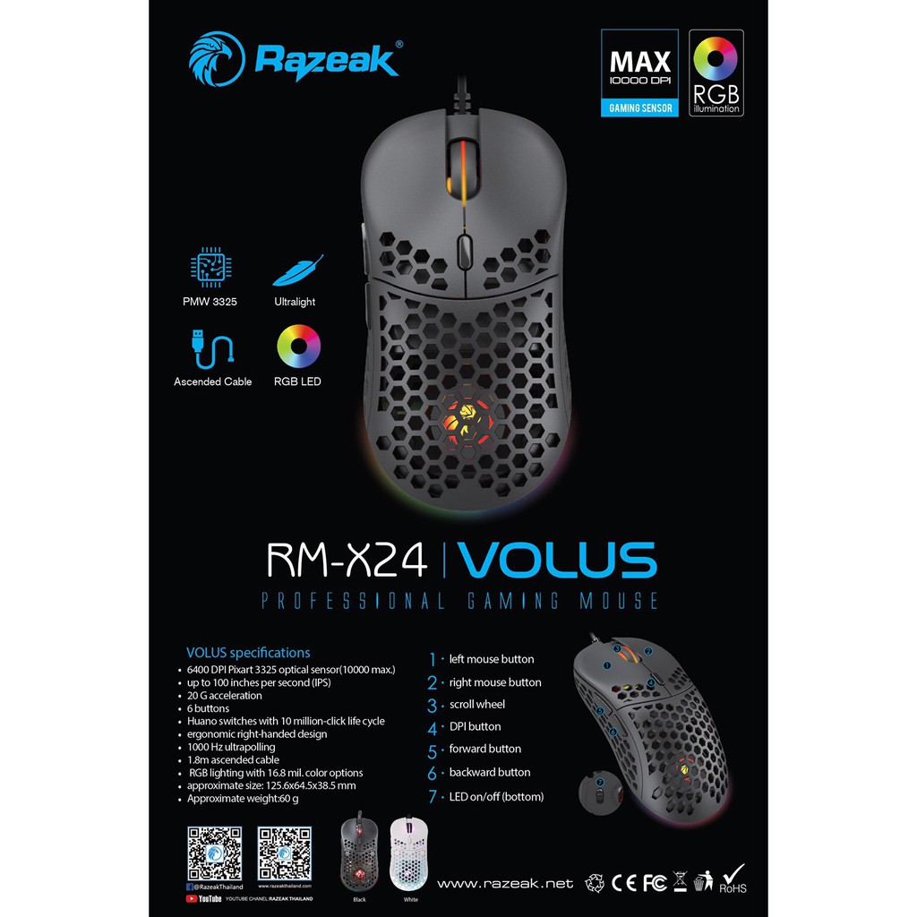348.GAMING MOUSE RAZEAK VOLUS RM-X24 (Black/White) | Shopee Thailand