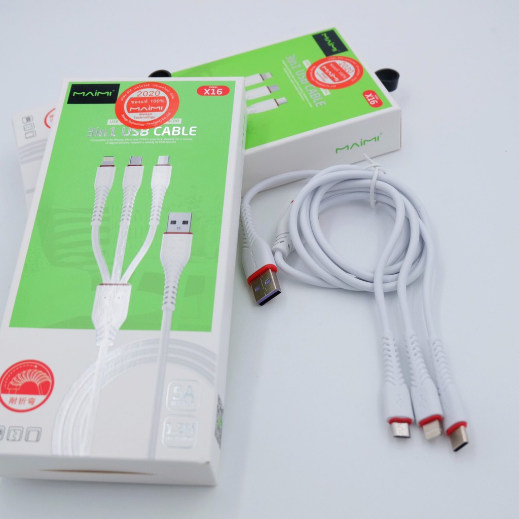 #สายชาร์จ Maimi X16 3in1 USB Cable แบบชาร์จเร็ว 5 mAh Lightning ,Type-C ,Micro USB ของแท้ 100% ...