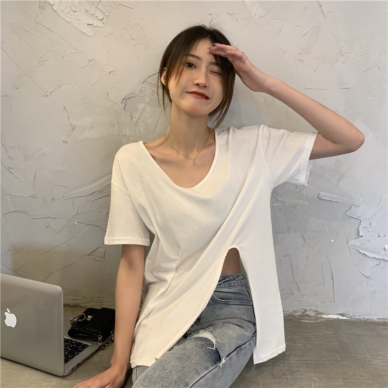 【WANG JIAO ZHAN】 ใหม่ เสื้อยืด คอวี แขนสั้น ผ่าข้าง ทรงหลวม ดีไซน์ใหม่ ...