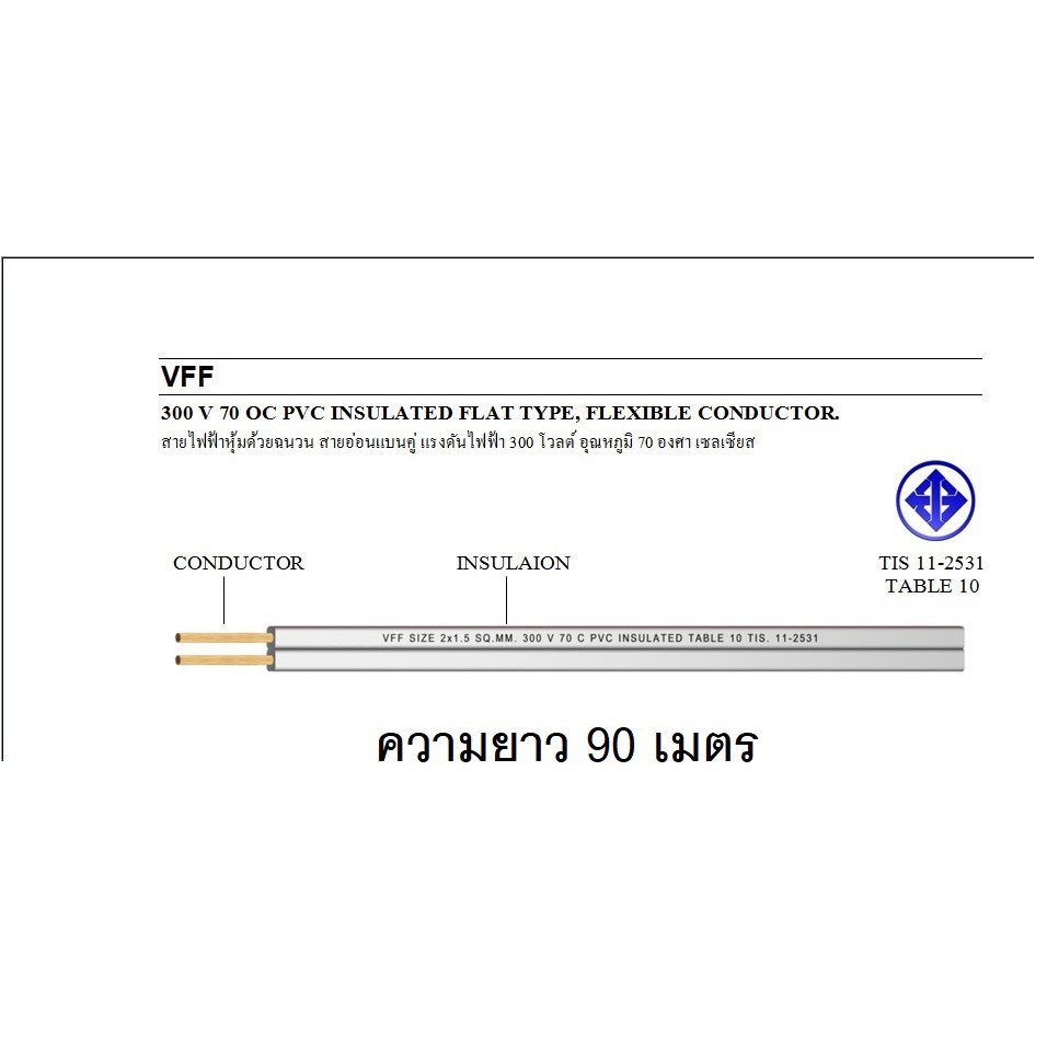 สายไฟอ่อน VFF 2x0.5 Sqmm มี มอก. (1 ขด 90เมตร) เหมาะสำหรับไฟ AC / DC | Shopee Thailand