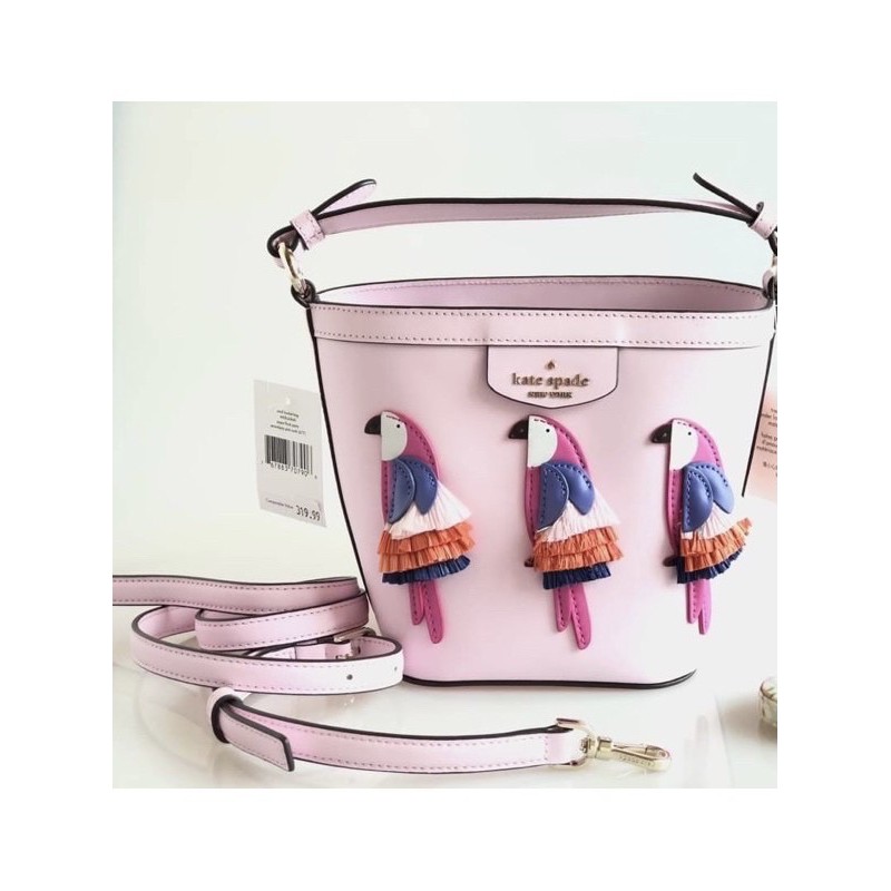Kate spade bucket กระเป๋าทรงถังสะพายข้างหนังสีชมพู ลายนก | Shopee Thailand