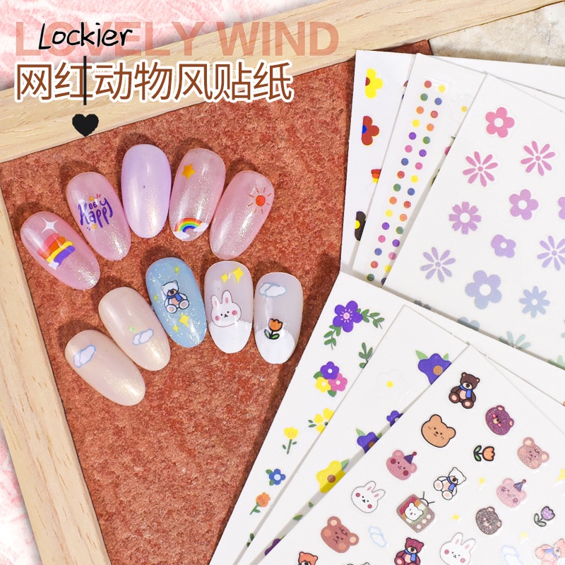 【Lockier】สติกเกอร์ติดเล็บ ลายการ์ตูนสัตว์ หมีน้อย ดอกไม้ หลากสี กันน้ํา ...