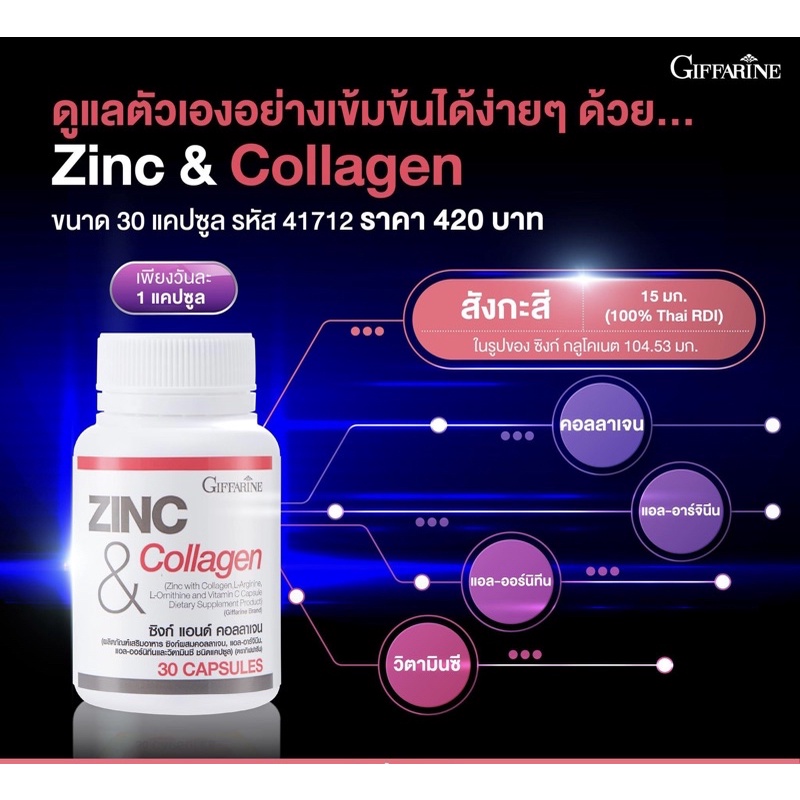 ZINC & COLLAGEN Giffarine กิฟฟารีน ซิงค์ แอนด์ คอลลาเจน อาหารเสริม ...