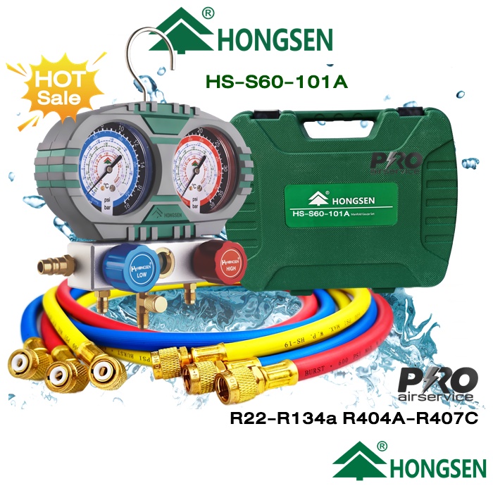 เกจคู่ Manifold Gauge รุ่น HS-S60-101A ใช้วัดน้ำยา R22 R134a R404A, R407C แบบเข็มพร้อมกล่องเก็บ ...