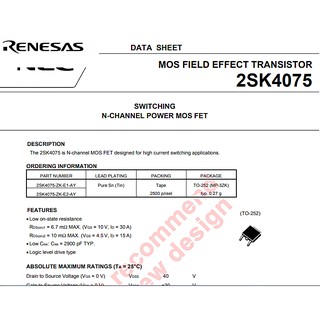 (1ตัว) K4075 , 2SK4075 , MOSFET N-Channel 60V 30A TO-252 | Shopee Thailand