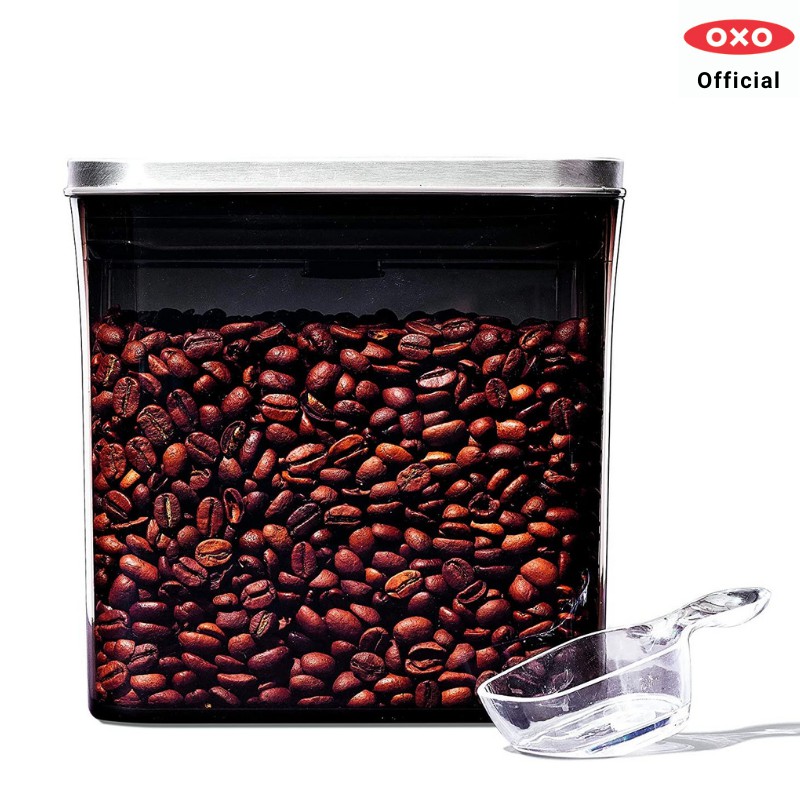 OXO กล่องถนอมอาหาร สี่เหลี่ยมผืนผ้า 1.6 ลิตร ฝาสแตนเลสสตีลพร้อมช้อนตัก l OXO STL Coffee With ...