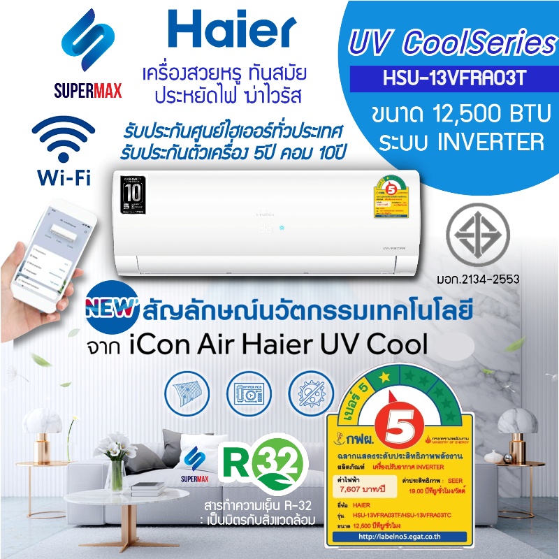 Haier แอร์ติดผนังระบบ Inverter +UV Cool +ฟอกอากาศ+WIFI ขนาด 12,500 BTU รุ่น HSU-13VFRA03Tรับ ...