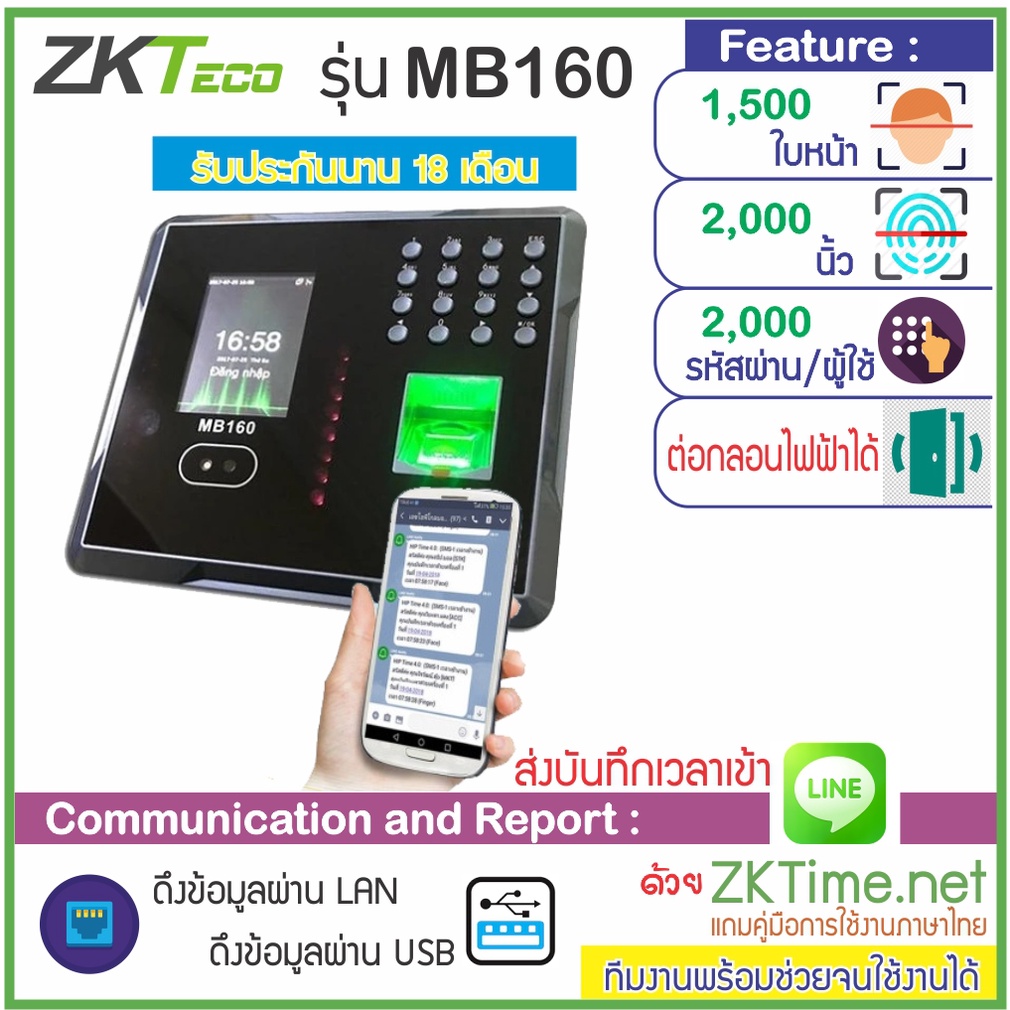 ZKTeco รุ่น MB160 สแกนหน้า-สแกนนิ้วเปิดประตู เก็บบันทึกเวลา ส่งเข้า ...