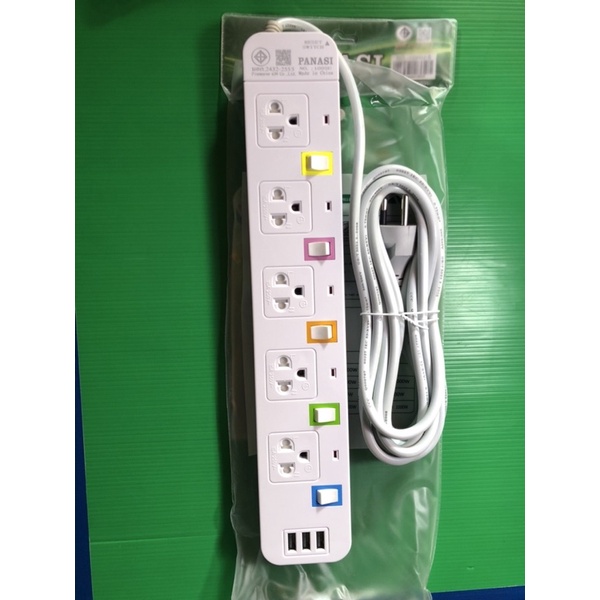 ปลั๊กไฟ PANASI 3เมตรเต็ม 250โวลท์ 10แอมป์ 2300W มี5ช่อง USB3ช่อง ...
