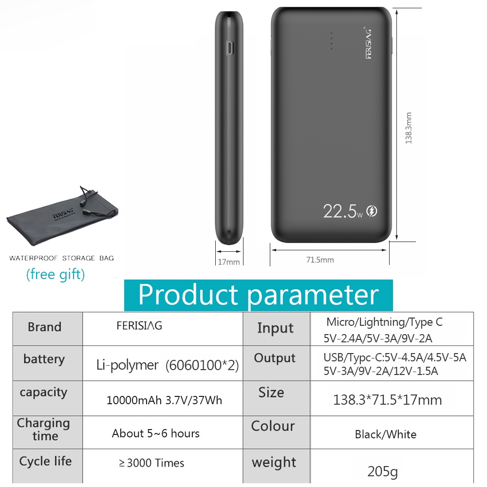 FERISING 5A VOOC SCP Super Fast Charger 10000mah Power Bank USB Type C ...