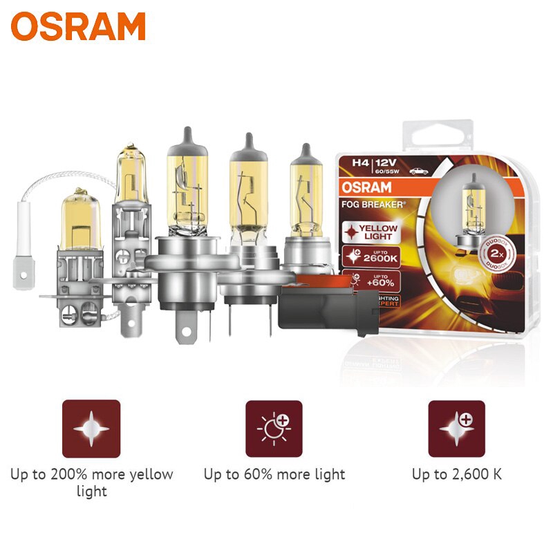 Osram H1 H3 H4 H7 H8 H11 H16 9005 9006 HB3 HB4 สีเหลือง FBR ฮาโลเจน Fog ...