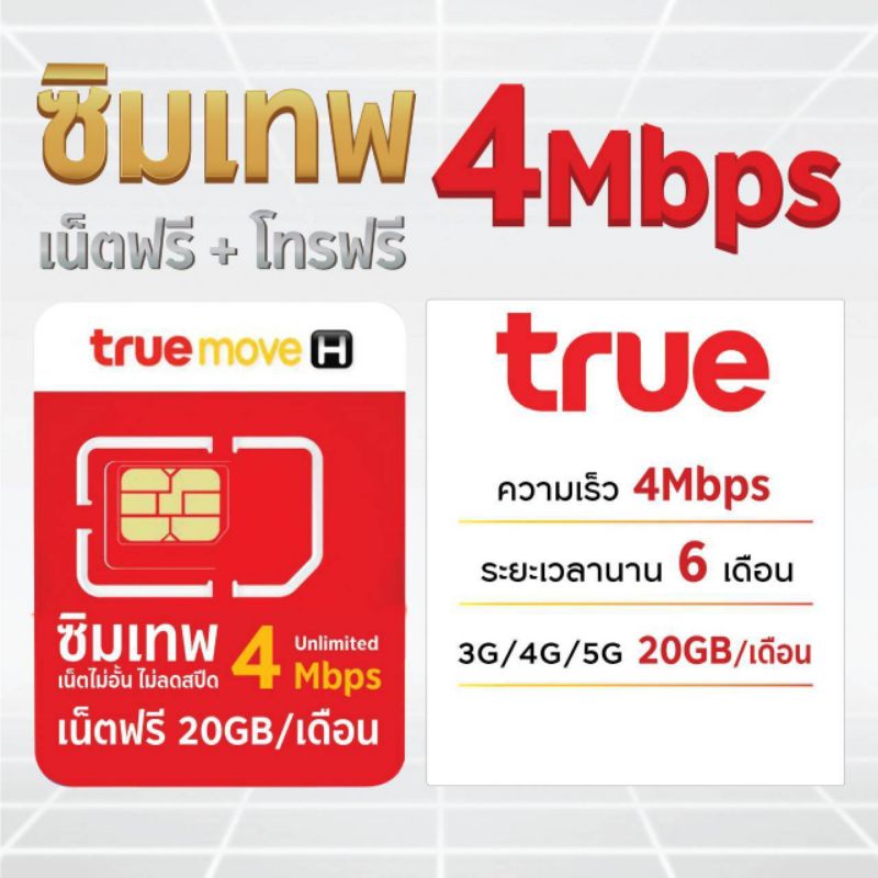 ซิมเทพทรู 4Mbps 20GB/เดือน ใช้ได้นาน6เดือน ไม่ต้องเติมเงิน | Shopee Thailand