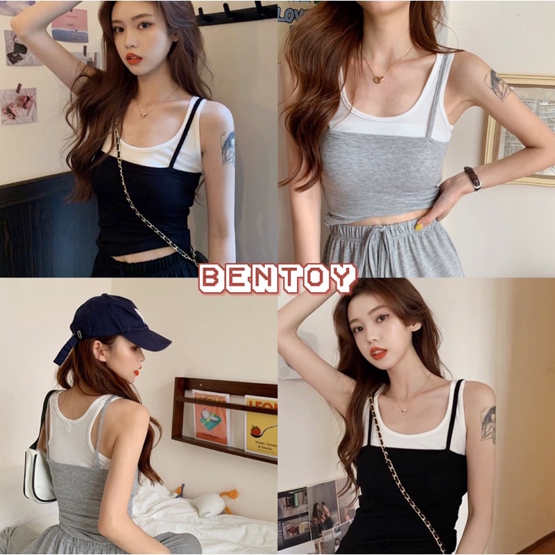 Bentoy(bratop 6886 )เสื้อกล้ามแขนกุด มีฟองน้ำ ดีเทลแต่ง2ชิ้น สีทูทร | Shopee Thailand