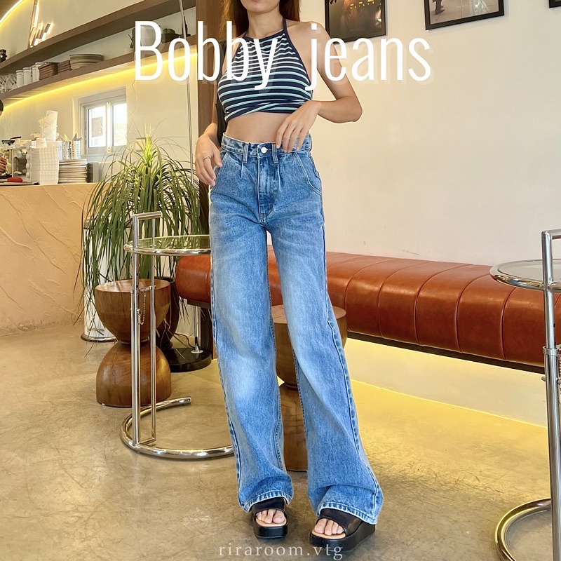 Bobby jeans | กางเกงยีนส์ขายาวทรงกระบอก สีเฟด แต่งจีบ | Shopee Thailand
