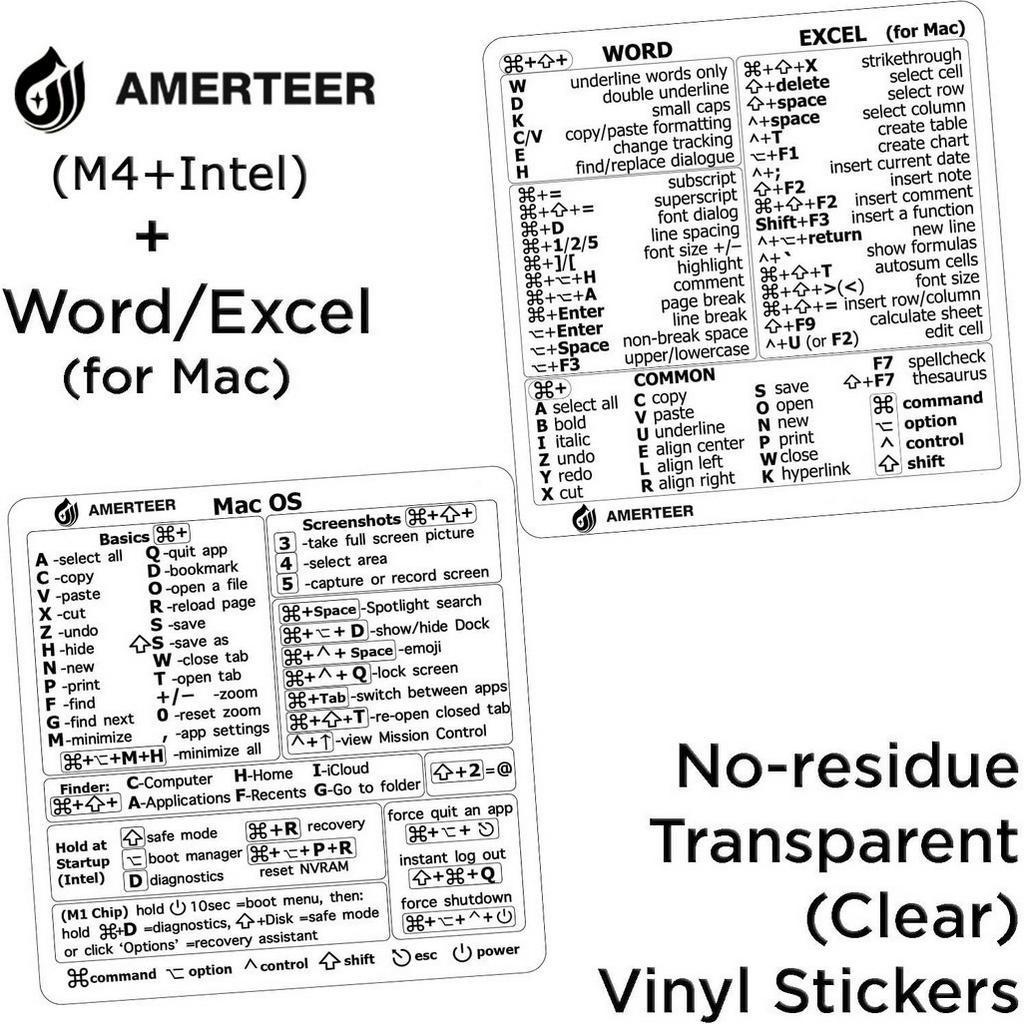 Amerteer Mac OS (M4 / Intel) + Word / Excel (สำหรับ Mac) สติ๊กเกอร์แป้นพิมพ์ลัดอ้างอิงด่วน ...