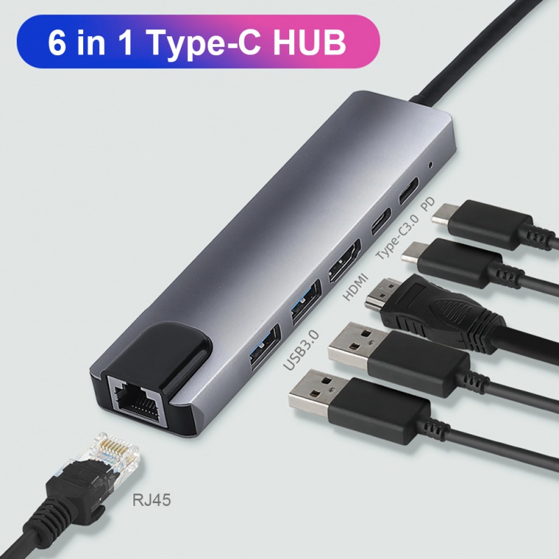 อะแดปเตอร์ USB HUB 6 ใน 1 USB Type C ฮับหลายพอร์ตอะแดปเตอร์กับ USB 3.0 2.0 RJ45 อีเธอร์เน็ต USB ...