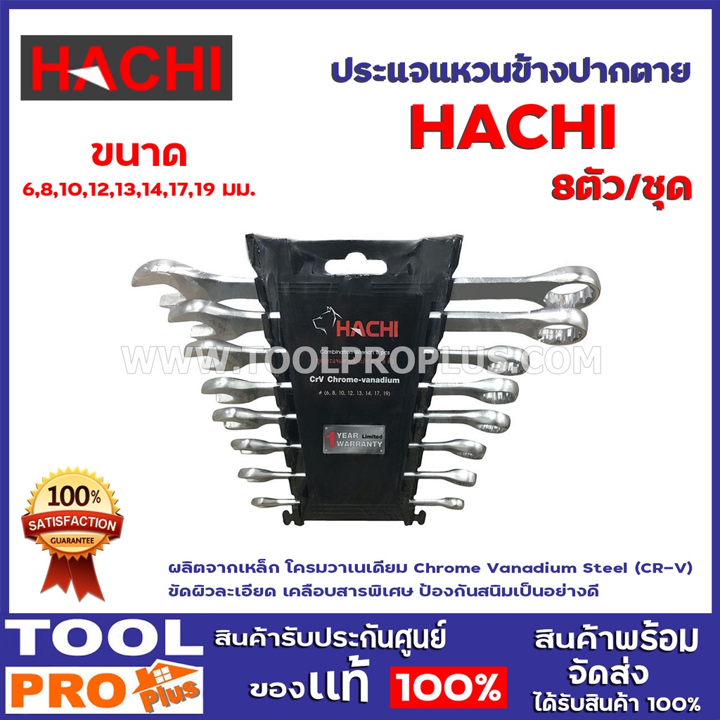 ประแจแหวนข้างปากตาย HACHI 8ตัว/ชุด ขนาด 6,8,10,12,13,14,17,19 มม. ผลิตจากเหล็ก โครมวาเนเดียม ...