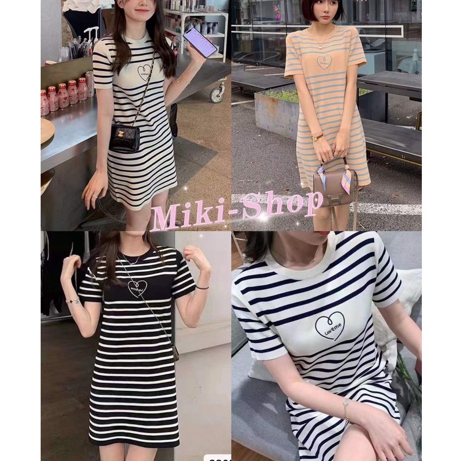 Miki-Shop*พร้อมส่ง*เดรสไหมพรมคอกลม แขนสั้นลายหัวใจ สาวอวบใส่ได้ *88057 ...