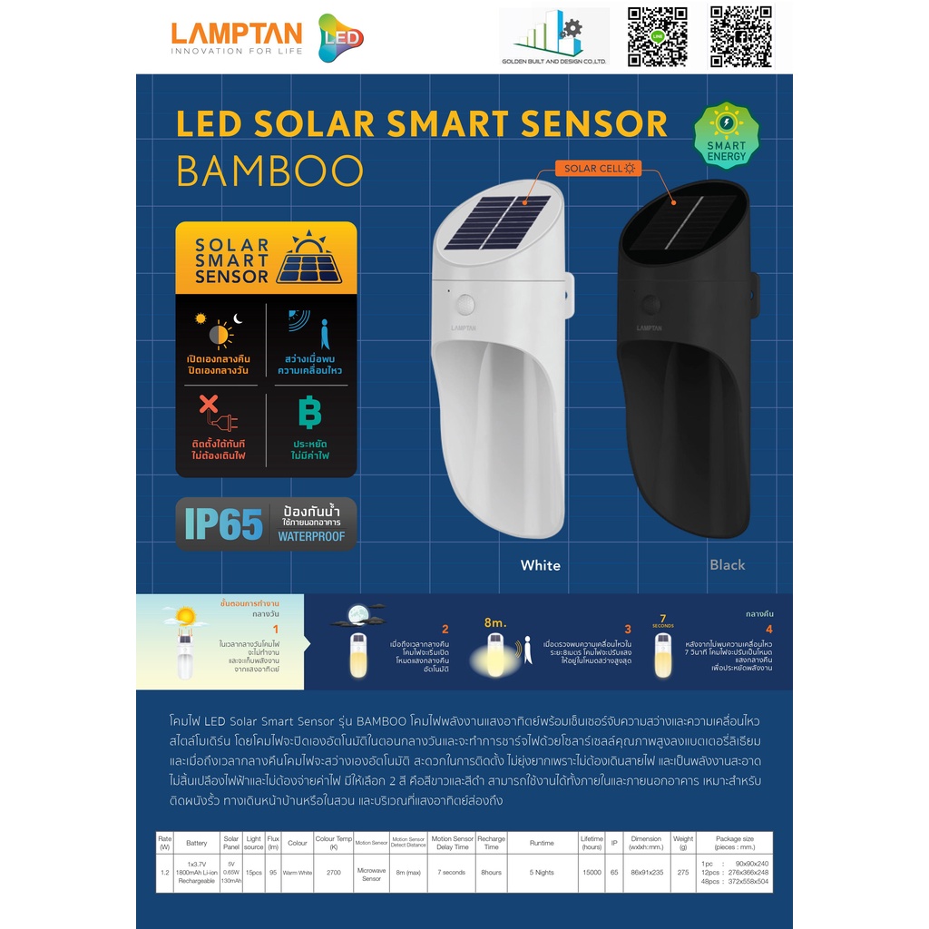 LAMPTAN - โคมไฟพลังงานแสงอาทิตย์ LED Solar Smart Sensor 1W รุ่น Bamboo ...