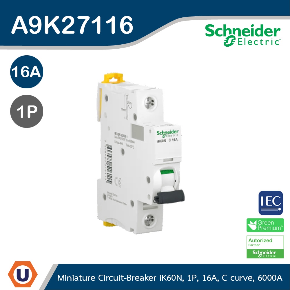 Schneider Electric - Miniature Circuit-Breaker, Acti9 iK60N, 1P, 16 A, C Curve, 6000 A (IEC ...