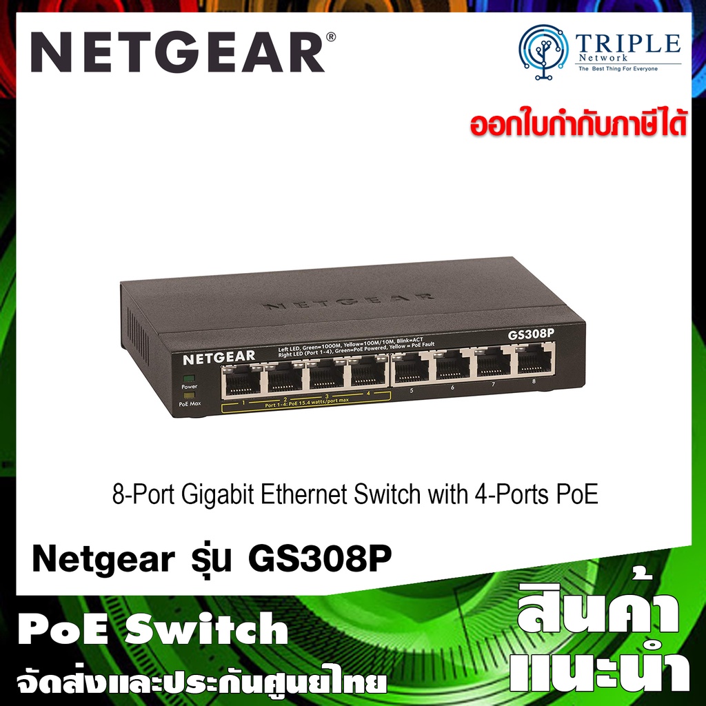 NETGEAR (GS308P) 8-Port Gigabit Ethernet Unmanaged Switch, 4xPoE ประกัน ...