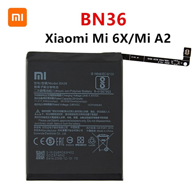 Xiao Mi BN36 3010MAh แบตเตอรี่สำหรับ Xiaomi Mi 6X Mi6X Mi A2 MiA2 BN36 แบตเตอรี่ | Shopee Thailand