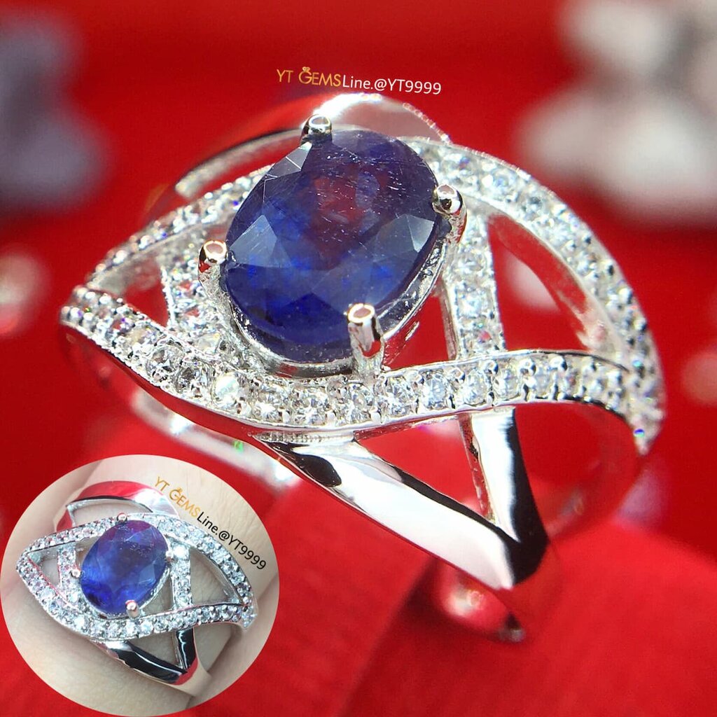 แหวนไพลิน ล้อมเพชร แหวนเงินแท้ ชุบทองคำขาว พลอยไพลินแท้ เพชร Swiss YTG-11067 | Shopee Thailand