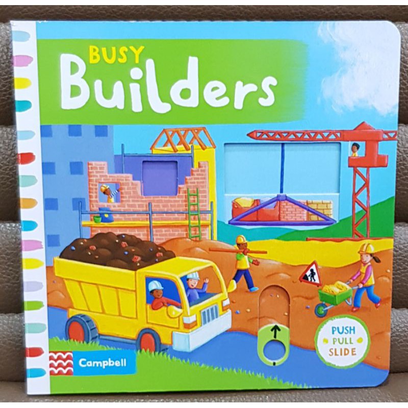 Busy Builders (push pull slide board book) เหมาะสำหรับ 1+ กระดาษแข็งหนา ...
