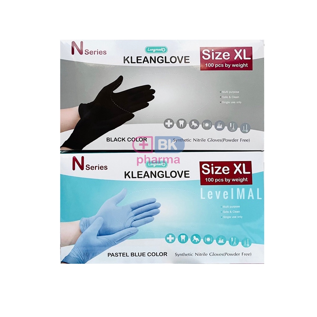 ถุงมือไนไตร ถุงมือยาง ไม่มีแป้ง สีดำ/ฟ้า KLEANGLOVE Longmed 100 ชิ้น 1 กล่อง | Shopee Thailand