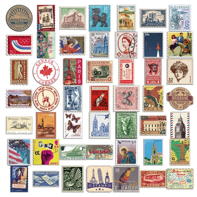 Combo Sticker VINTAGE POSTAGE STAMPS PVC กันน้ํา สติ๊กเกอร์หมวกกันน็อค ...