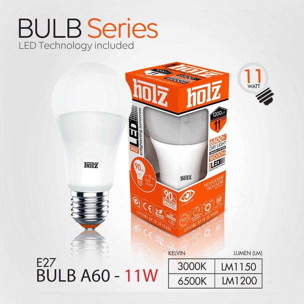 Holz หลอดไฟ Led E27 หลอดไฟ A60 แสงสีขาว 11 วัตต์ | Shopee Thailand