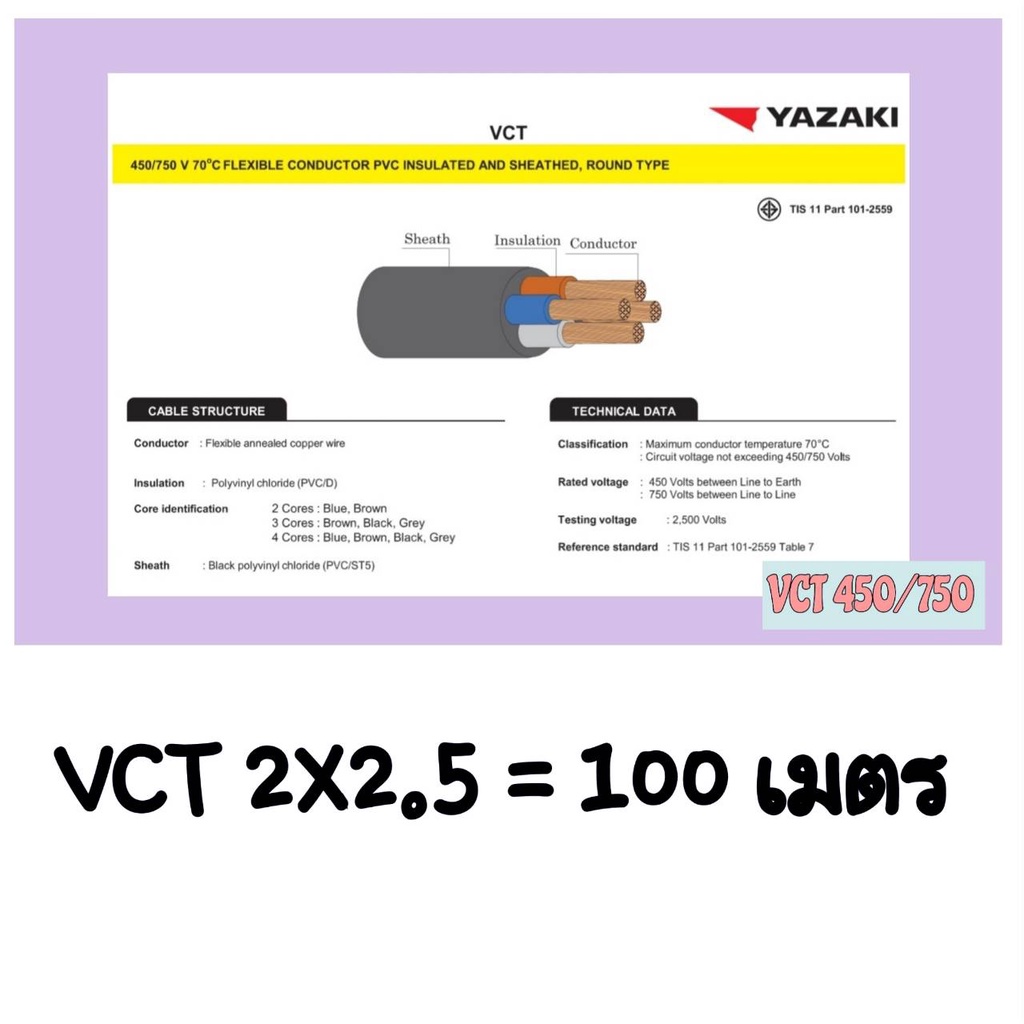 THAI YAZAKI VCT 2X2.5 จำนวน 100 เมตร VCT(450/750) สายทองแดง สายไฟ ยาซากิ สายไฟสีดำ | Shopee Thailand
