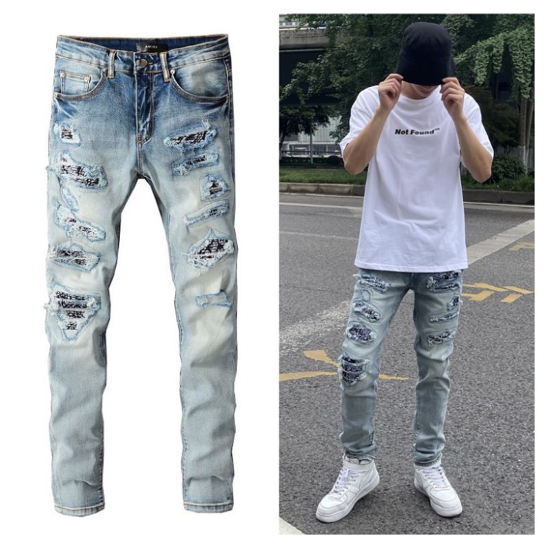 ขายดี NEW AMIRI light-colored ripped patch slim jeans | Shopee Thailand
