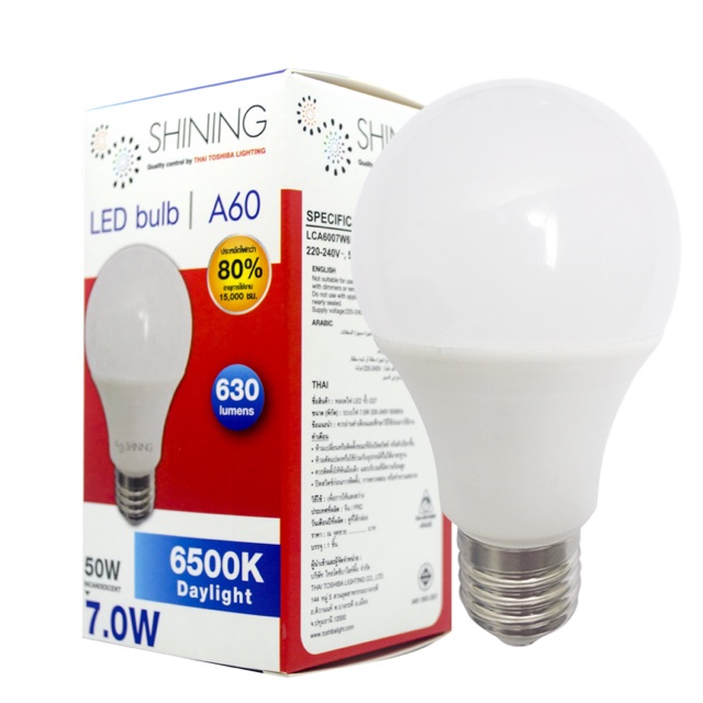 หลอด LED BULB A60 7W Daylight ขั้วเกลียว E27 Shining by Toshiba ...