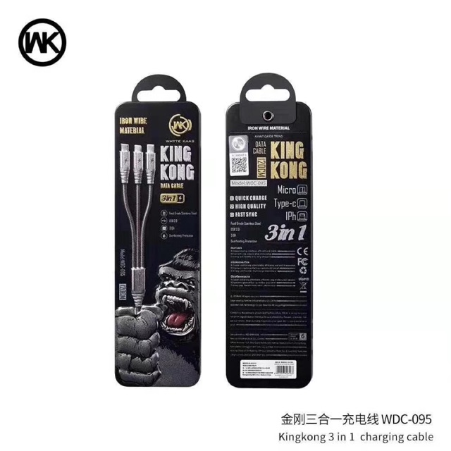 WK WDC-095 KingKong 3Aสายชาร์จสายชาร์จ Mirco IP TYPE 3in1สายเคเบิลสแตนเลสสปริงกล่องอลูมิเนียม 3A ...
