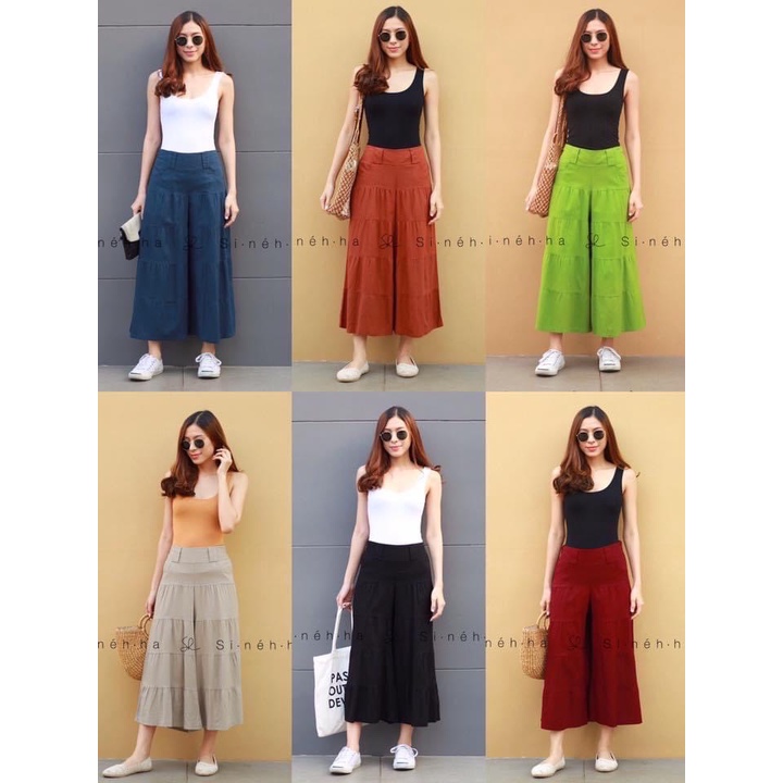 กางเกงผ้าลินินขาบานแต่งระบาย กางเกงขายาวแต่งระบายผ้ายีนส์ฟอก กางเกงขา ...