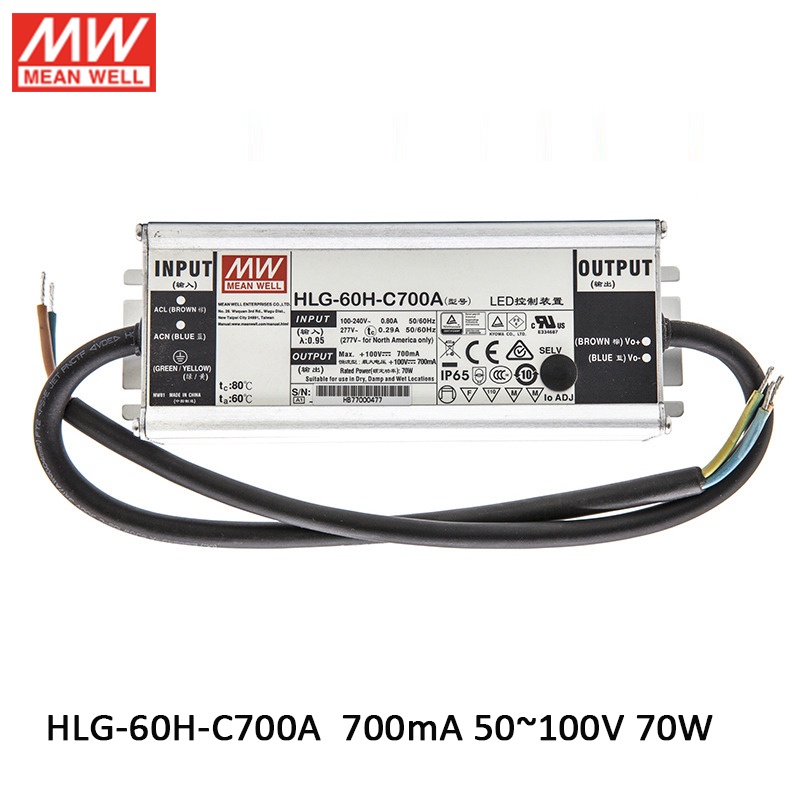Mean WELL HLG-60H-C700A 50V ~ 100V 700mA 70W แหล่งจ่ายไฟ LED กันน้ํา IP65 กระแสปรับโหมดกระแส ...