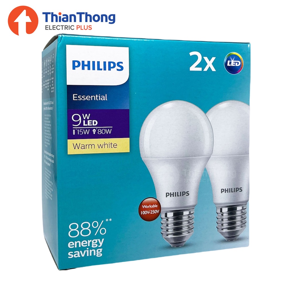Philips หลอดไฟ ฟิลิปส์ Essential LED Bulb 9W ขั้ว E27 (รุ่นแพคคู่ ...