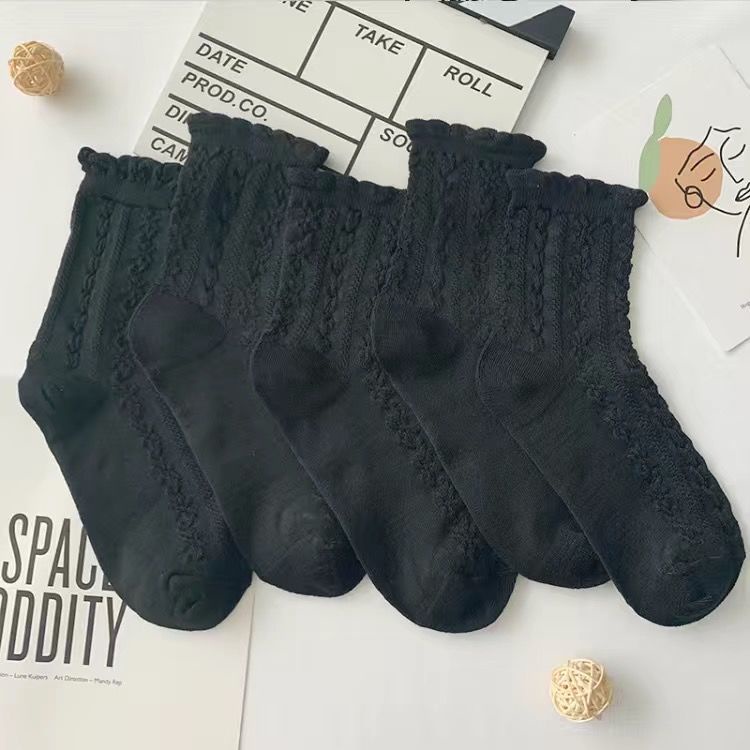 White JK Uniform Lace Bubble Socks Korean Style Black Fungus Edge ...