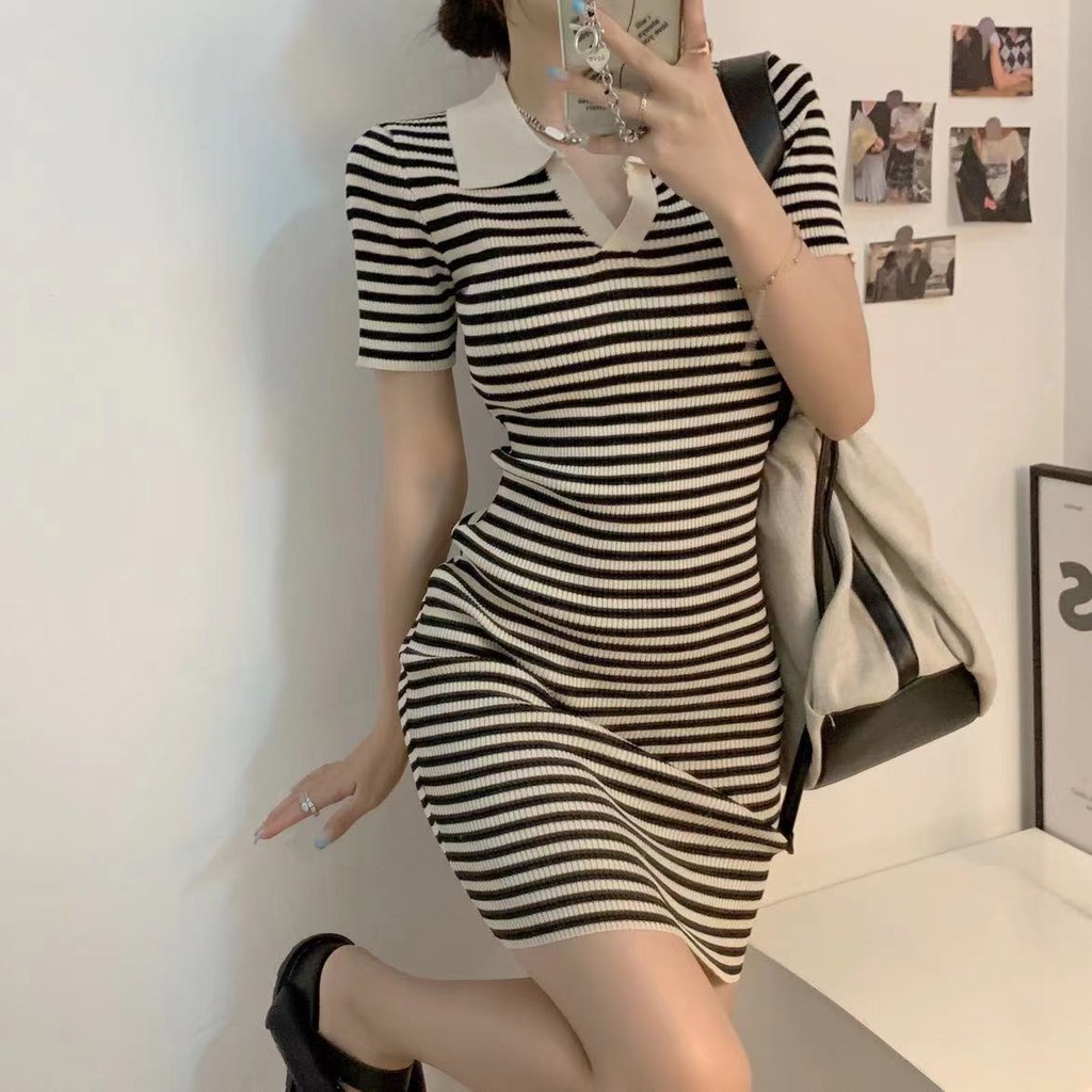 Miki-Shop*พร้อมส่ง เดรสโปโลคอปกลายทาง 77010* | Shopee Thailand