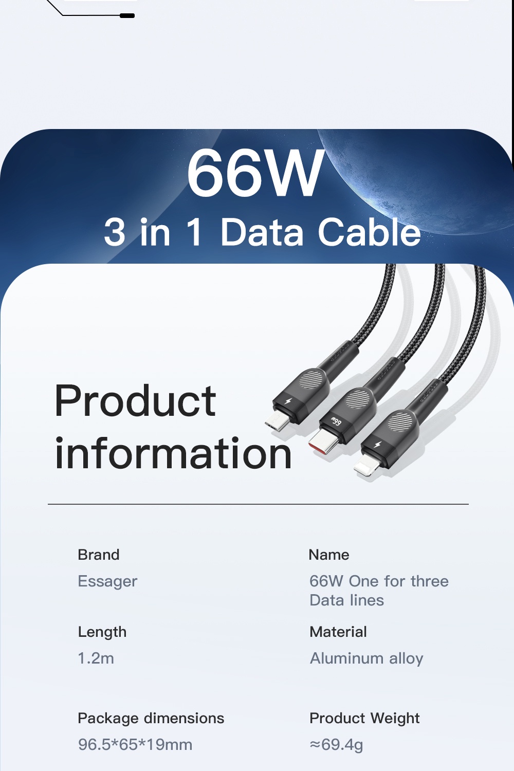 Essager 3 in 1 สายชาร์จ 6A 66W LED Type c ชาร์จไว สําหรับ oppo huawei | Shopee Thailand