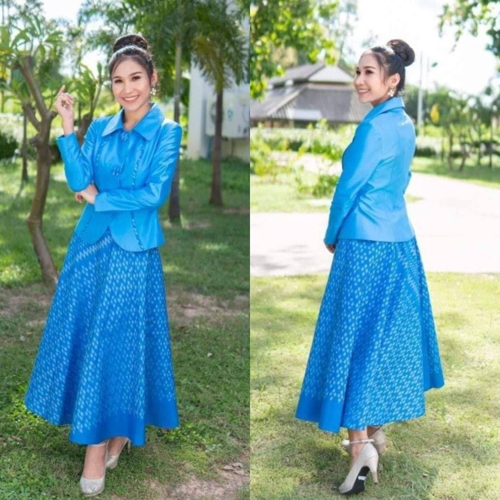 ชุดผ้าไหม สีฟ้า กระโปรงบาน Size 36-30-38 | Shopee Thailand