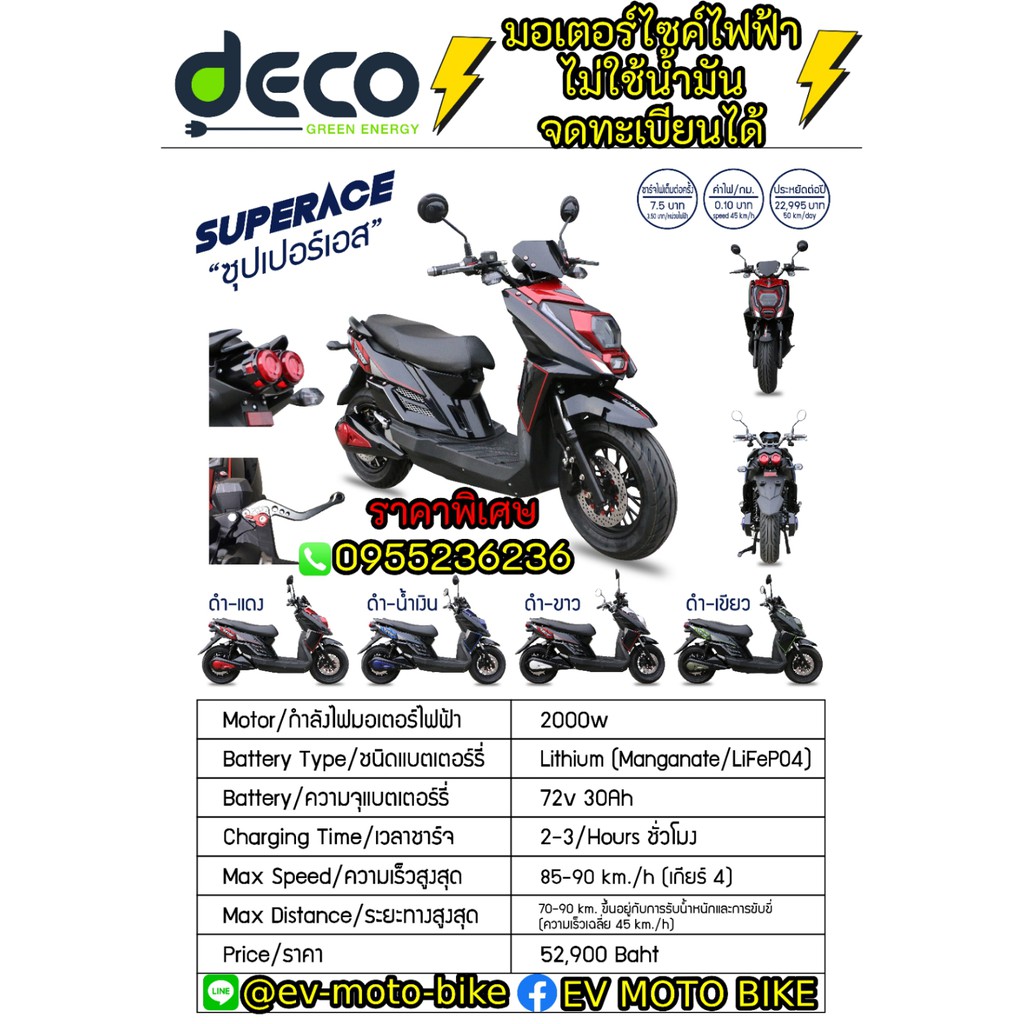 0% 10 เดือน EV MOTO BIKE มอเตอร์ไซค์ไฟฟ้า Deco รุ่น Super Ace 2000 w จดทะเบียนได้ ผ่อนได้ ชาร์จ ...