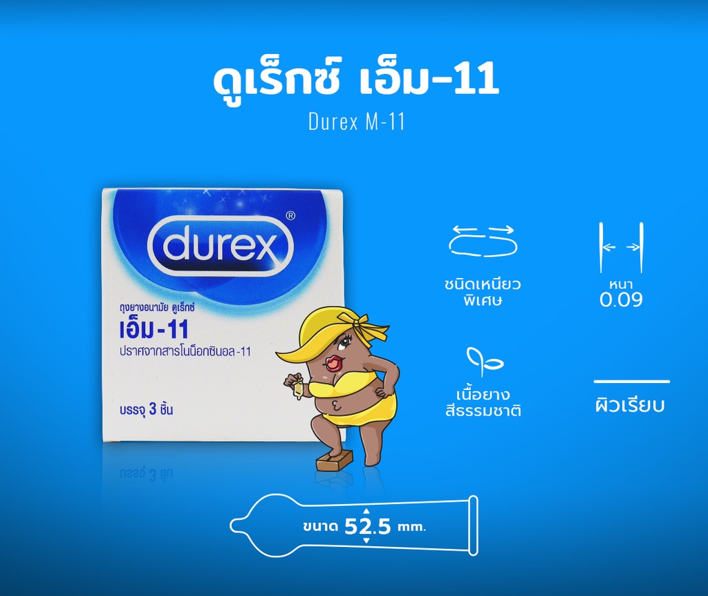 Durex M-11 ถุงยางอนามัย ผิวเรียบ เหนียวและหนาพิเศษ ขนาด 52.5 มม. บรรจุ ...